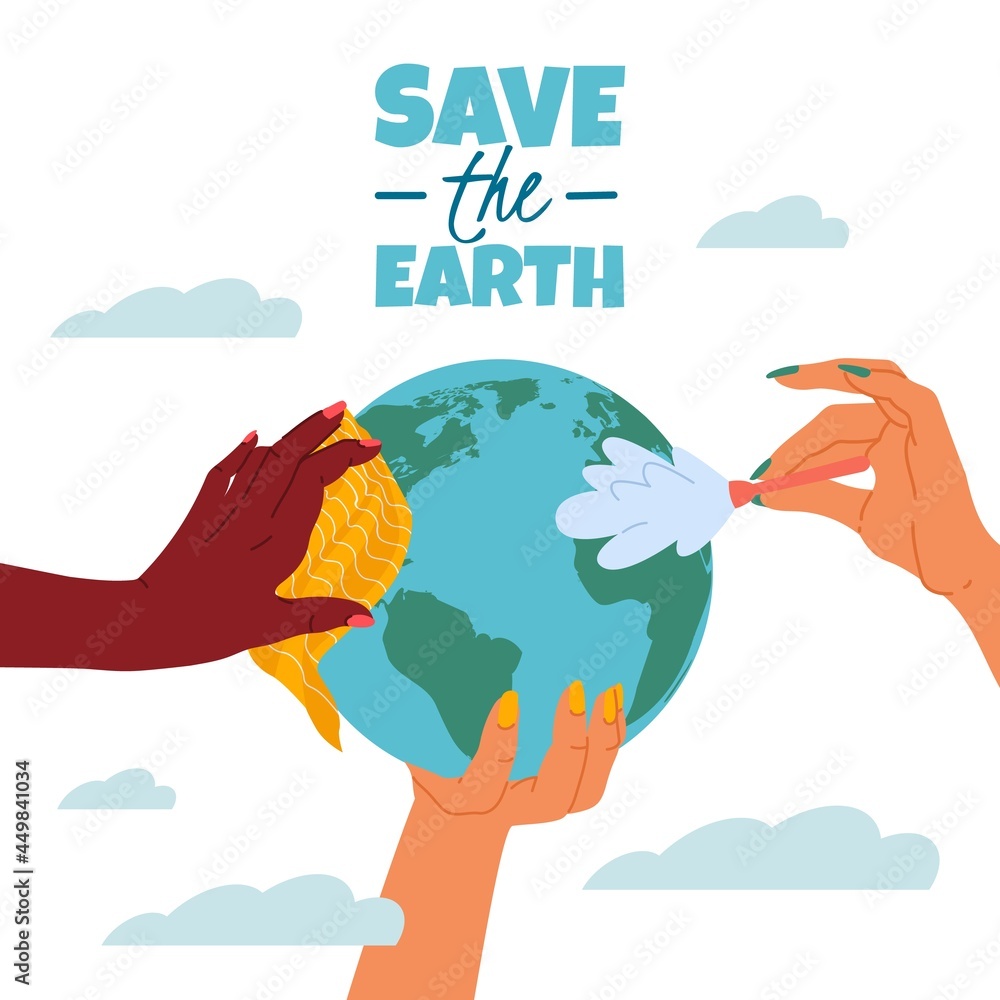 Cleaning planet. Different multi ethnic hands hold and wash together ...