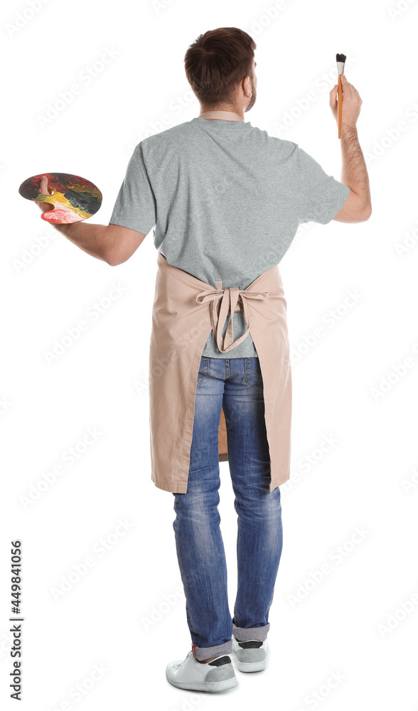 Man painting with brush on white background, back view. Young artist ...