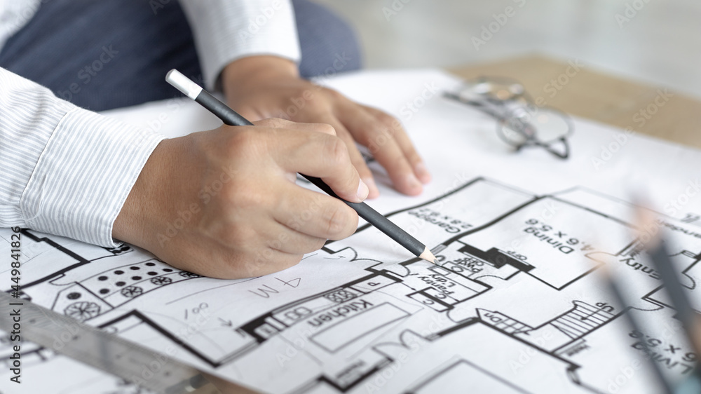 Architectural building design and construction plans with blueprints ...