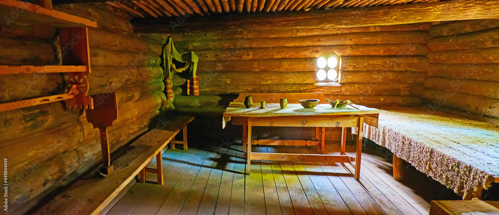 Interior of ancient Slavic timber house, Pereiaslav Scansen, Ukraine ...