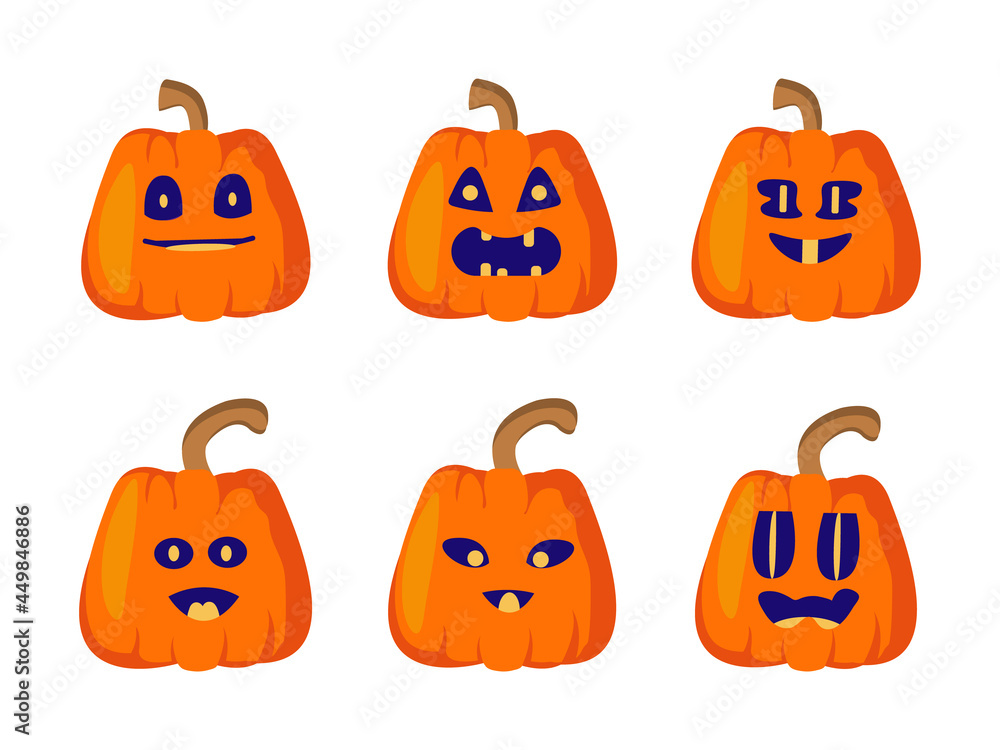 set halloween pumpkins with funny faces. Isolated on white background ...