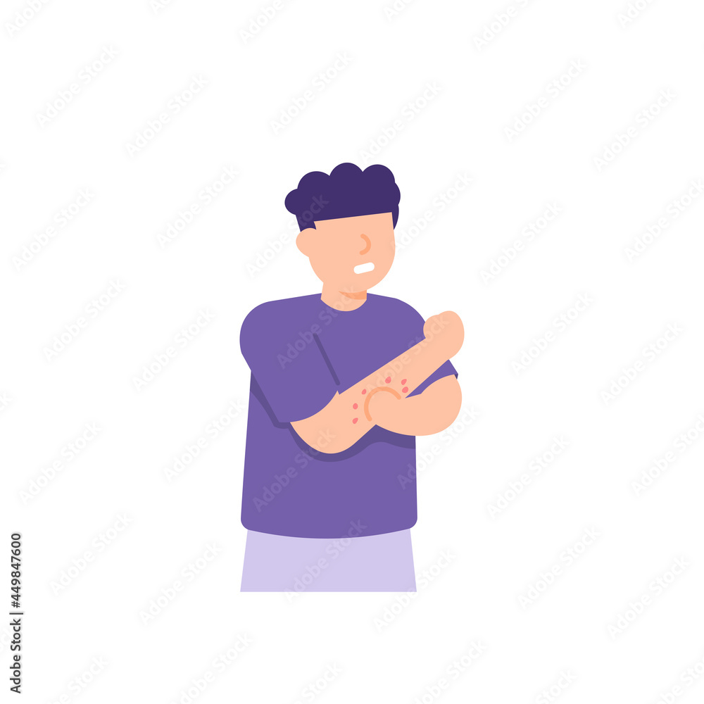 illustration of a man scratching his hand because he feels itchy. skin ...
