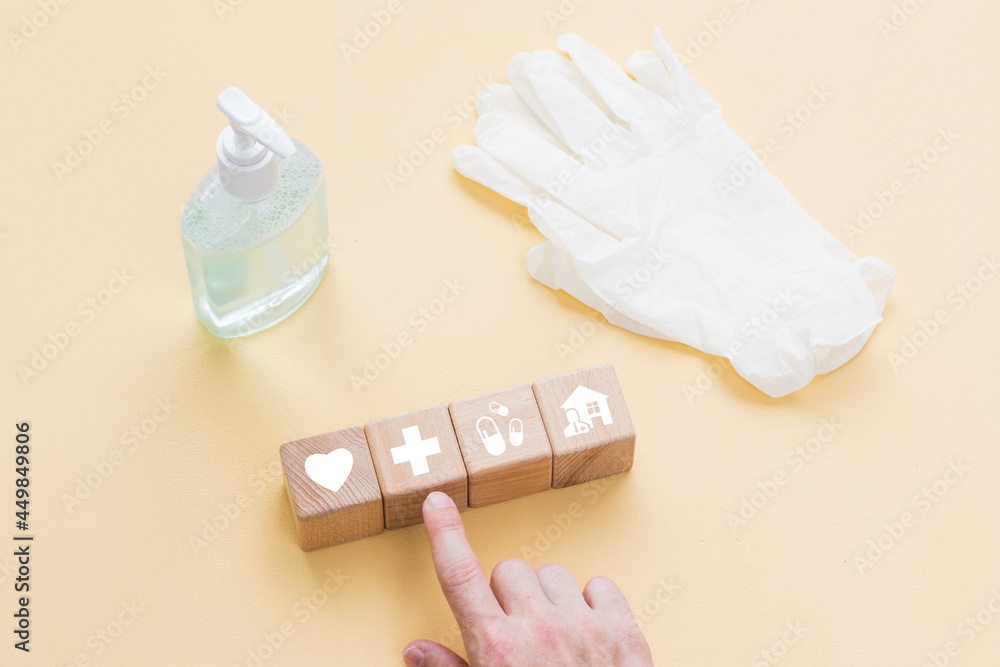 Doctor hand arranging wood block stacking with icon healthcare. Concept ...