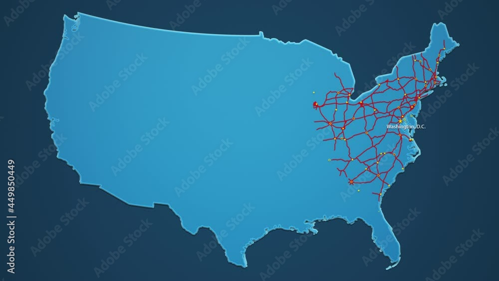 Light blue map of USA with cities, roads and railways on a dark blue ...