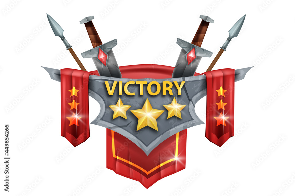 Victory game badge, vector level up winner award, medieval stone emblem ...