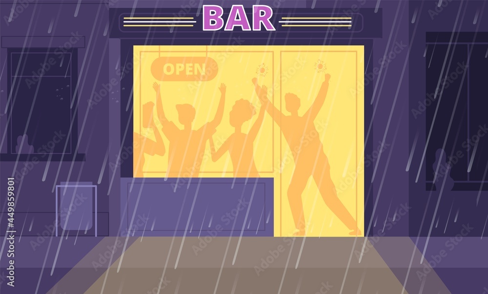 Night city street. Bar exterior, british pub open entrance. Autumn ...