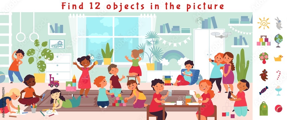 Find objects game. Puzzle play, visual kids brain teaser. Education ...
