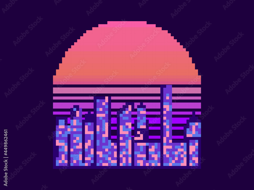 Vektorová grafika „Pixel art city at sunset. 8 bit cityscape on the ...