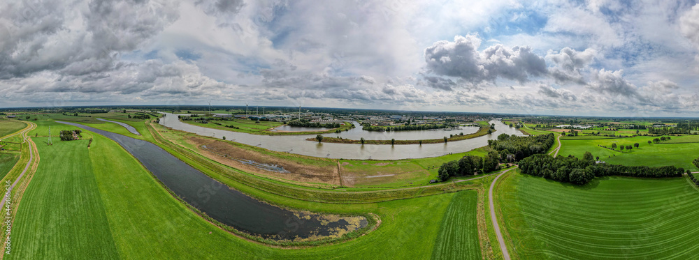 Dutch river IJssel landscape with floodplains and harbor in the ...