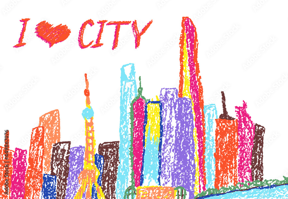 Like child's hand drawing city skyscrapers. Crayon like kids drawn ...