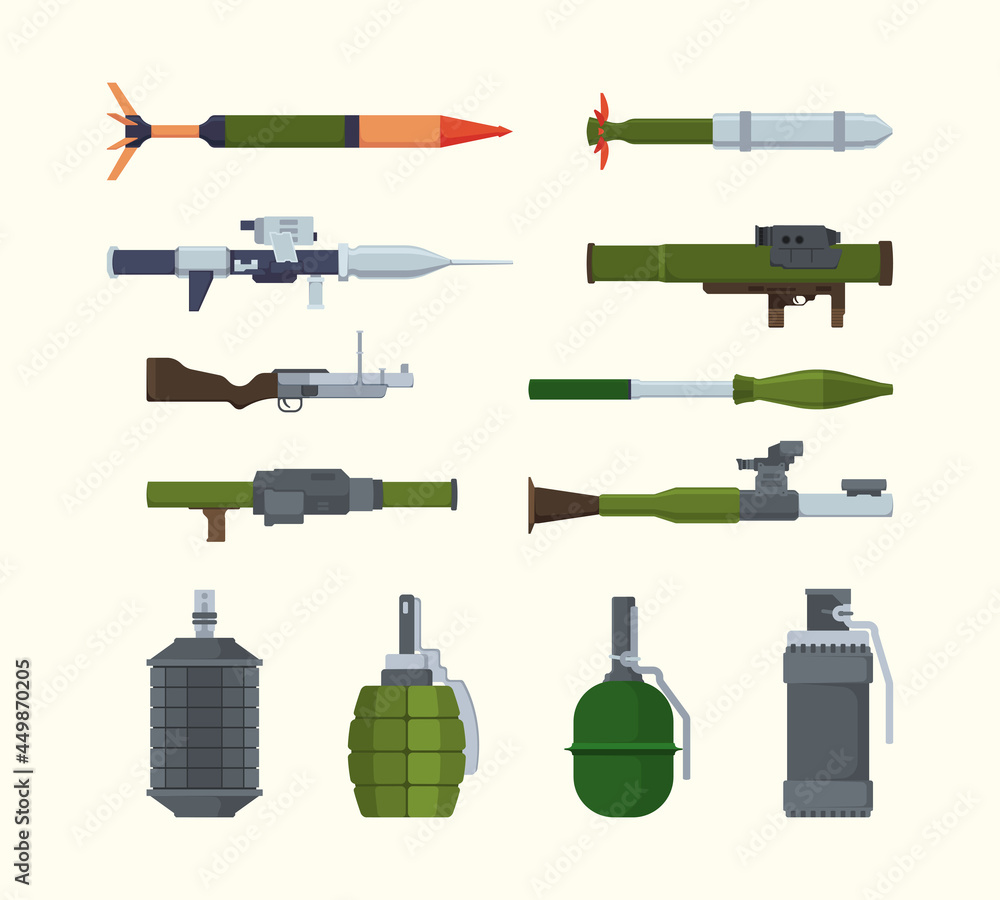 Military weapons. Items for army heavy artillery flying bombs launchers ...