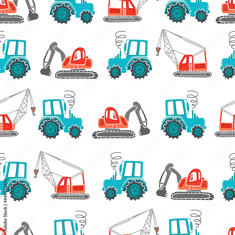 Childrens construction machinery seamless pattern. Cartoon illustration ...