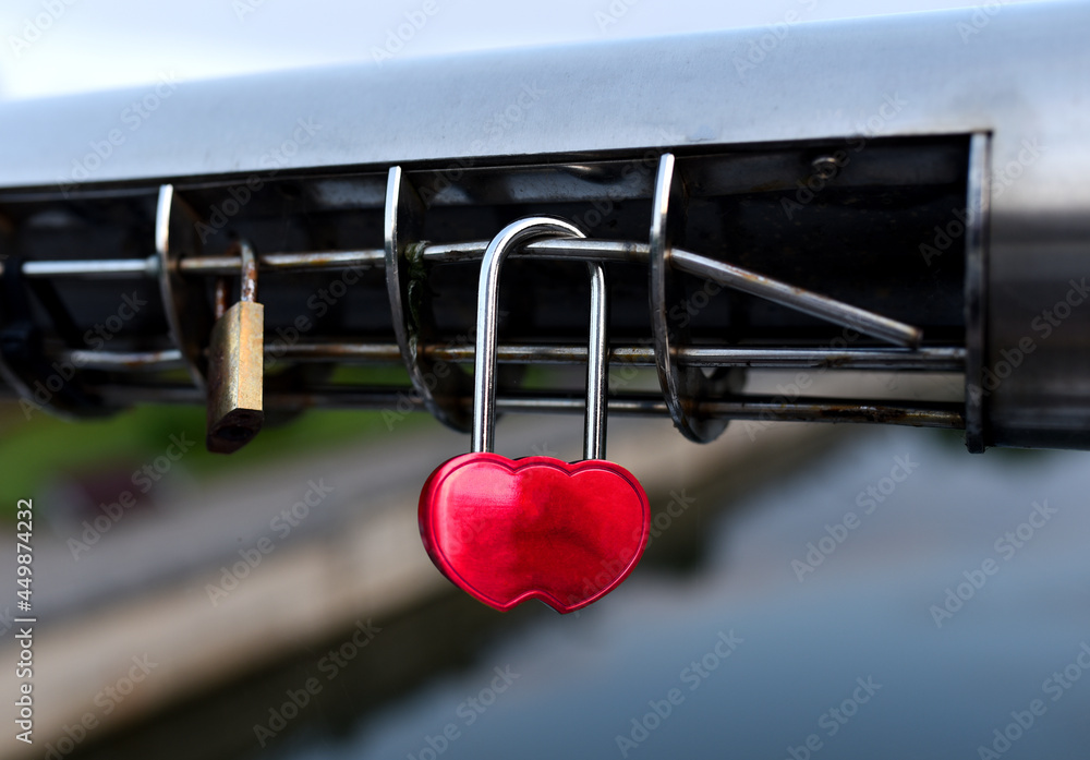 Padlock on Lovers Lock Bridge. Husband and wife during the wedding hung ...