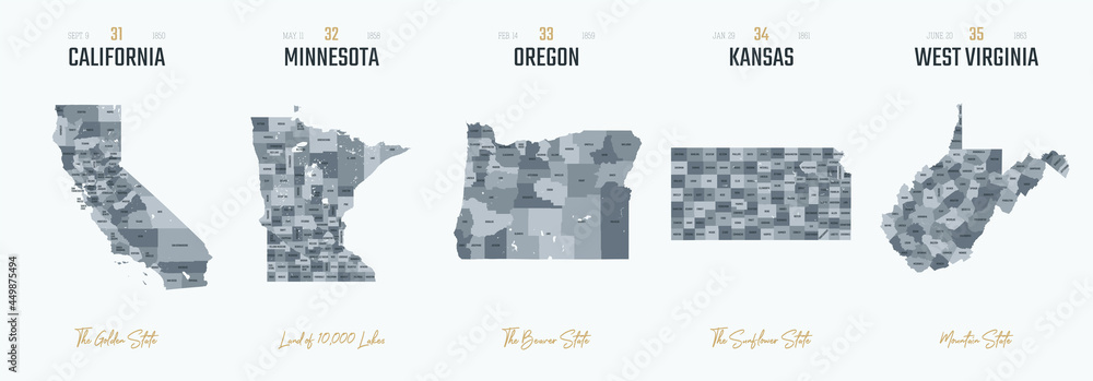Vector set 7 of 10 Highly detailed silhouettes of US state maps ...