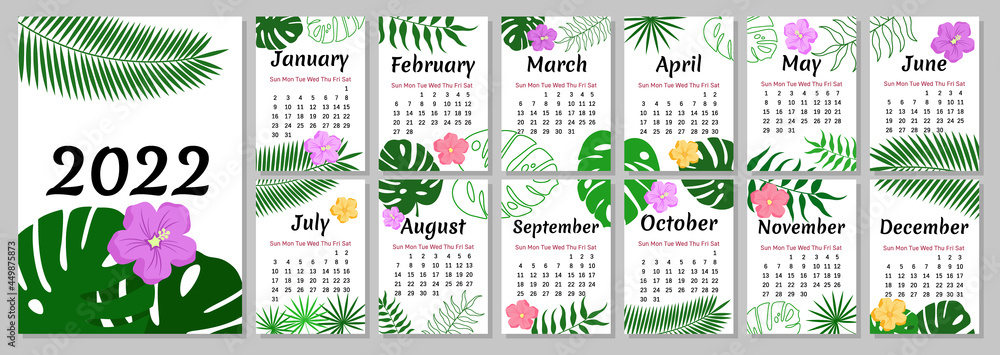 Tropical calendar 2022. Floral design with monstera leaves, palm trees ...