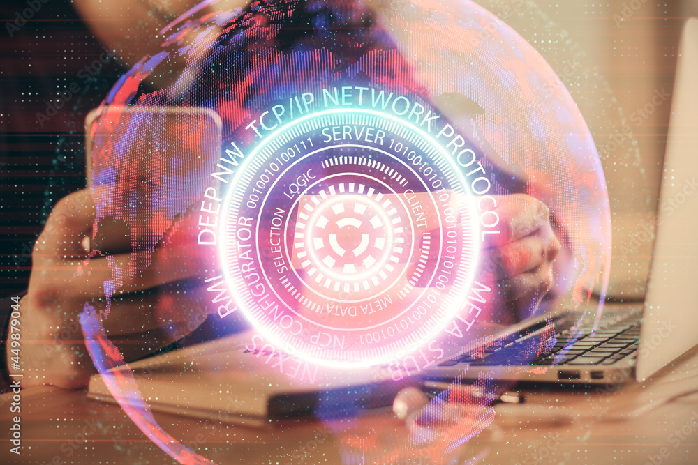 Double exposure of man's hands holding and using a digital device and ...