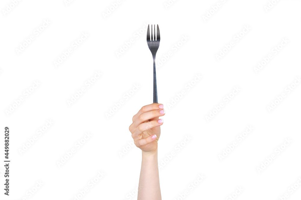 Hand holding aluminum fork on white background isolated, front view ...