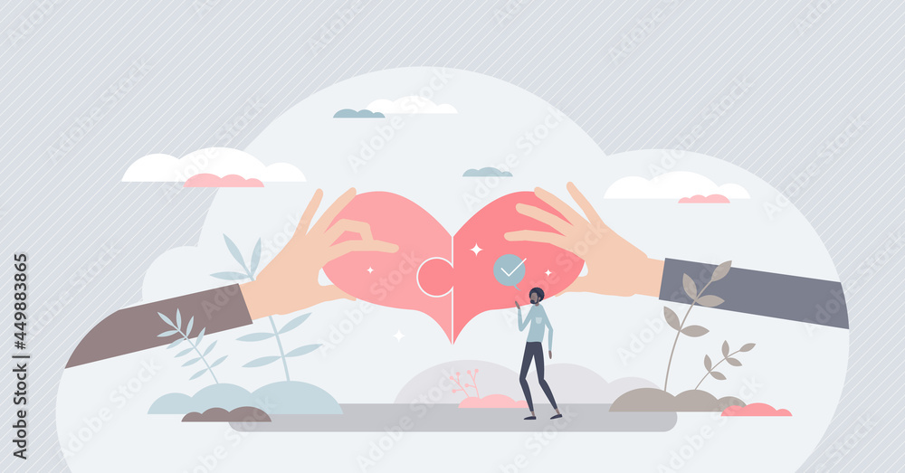 Helping together and care as connected two heart pieces tiny person ...