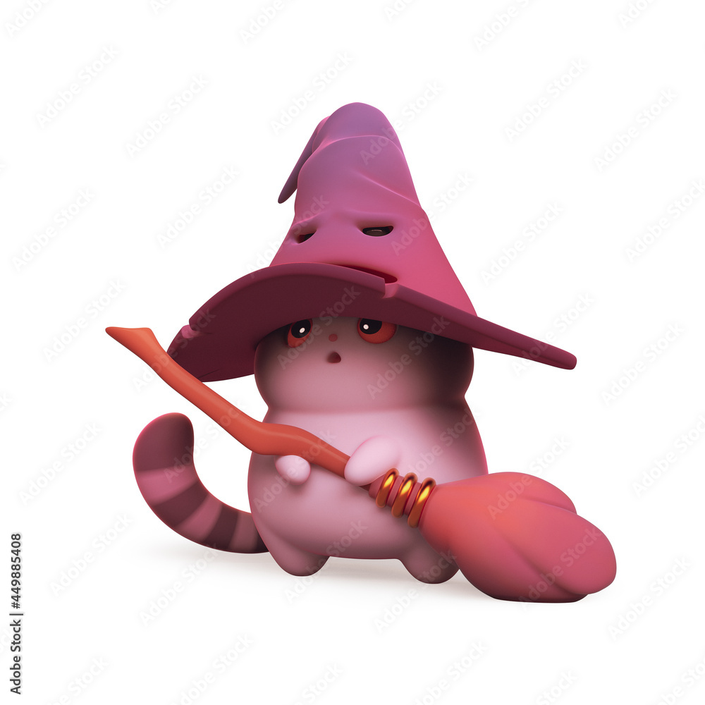 Surprised kawaii wizard cat in big witch's purple hat with a broom in ...
