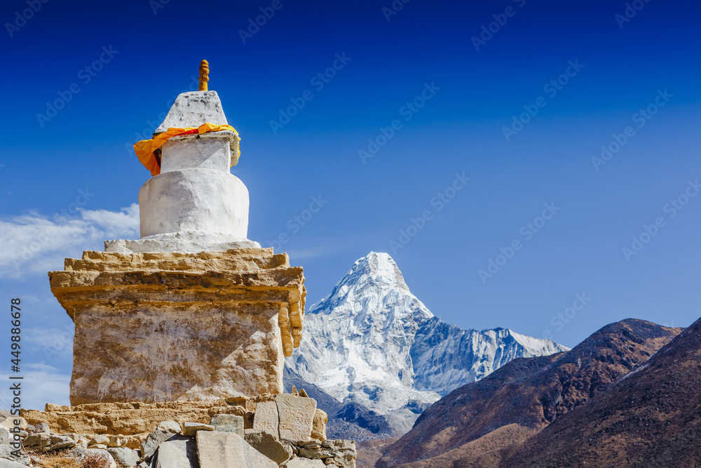 Buddhist stupa on the background of the Himalayan mountains. Nepal ...
