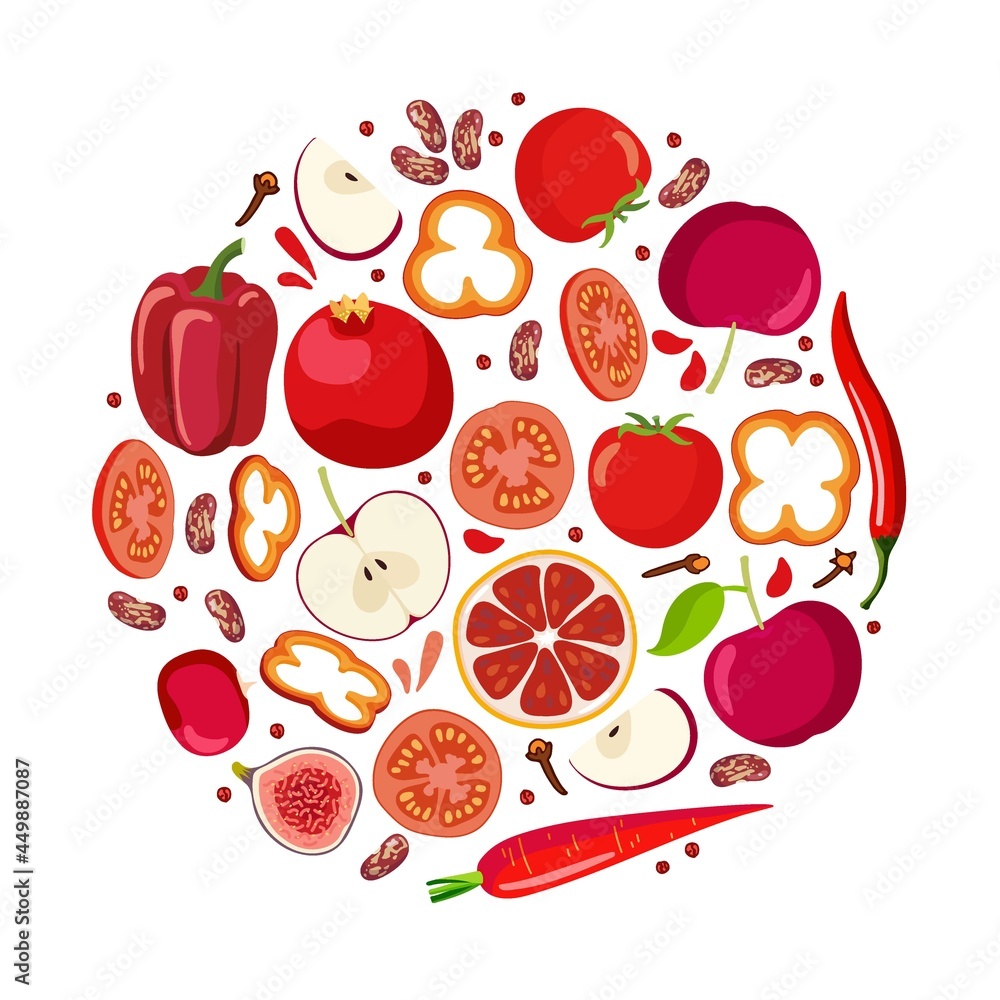 Red food. Red vegetables, fruits in round. Fresh organic food for menu ...