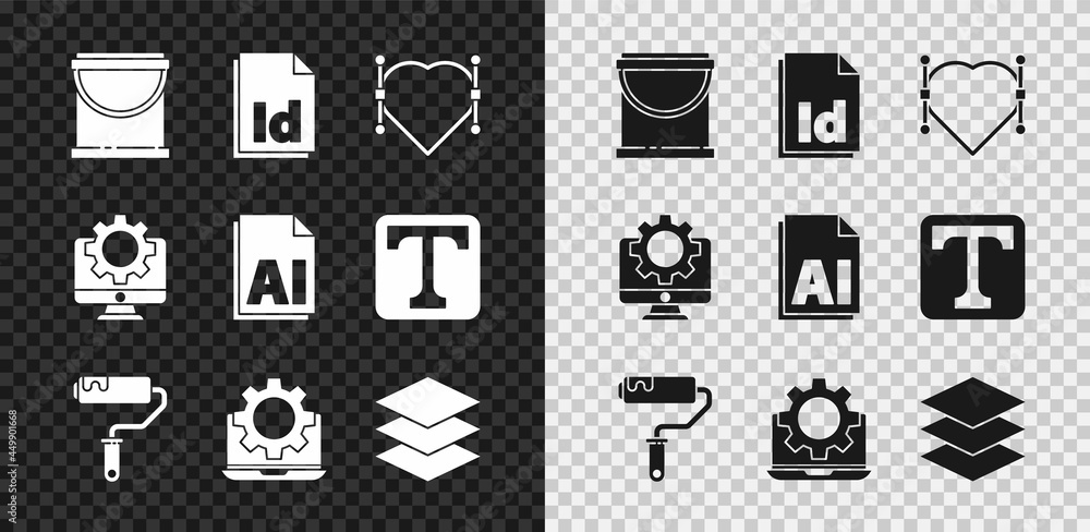 Set Paint bucket, ID File document, Heart with Bezier curve, roller brush, Laptop and gear ...