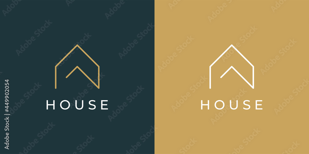 House Logo Line. White and Gold House Symbol isolated on Double ...