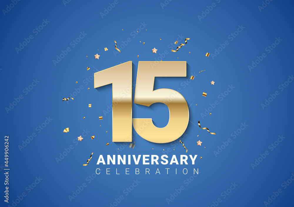 15 anniversary background with golden numbers, confetti, stars on ...