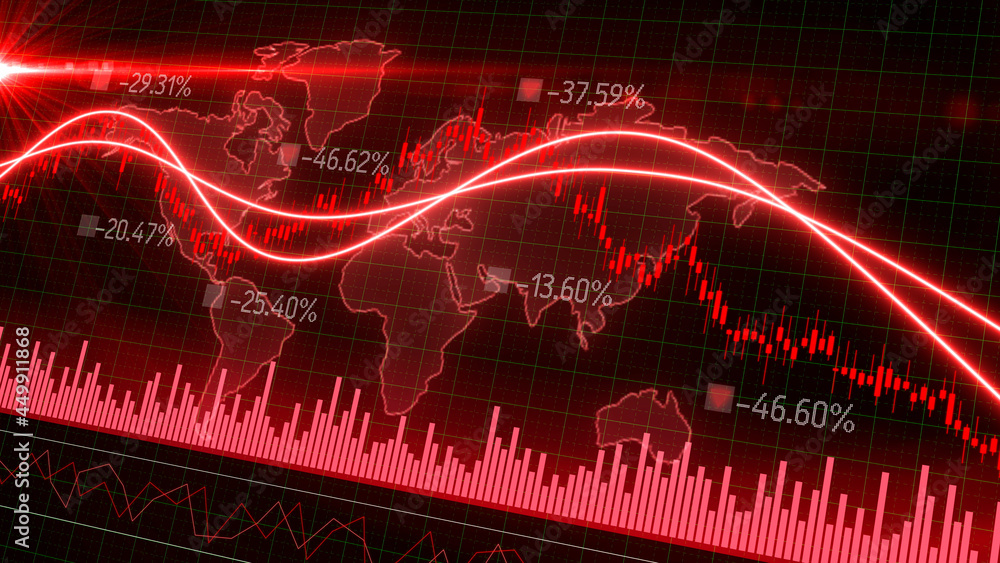 3D Motion of red candlestick graph chart of stock market trading with ...