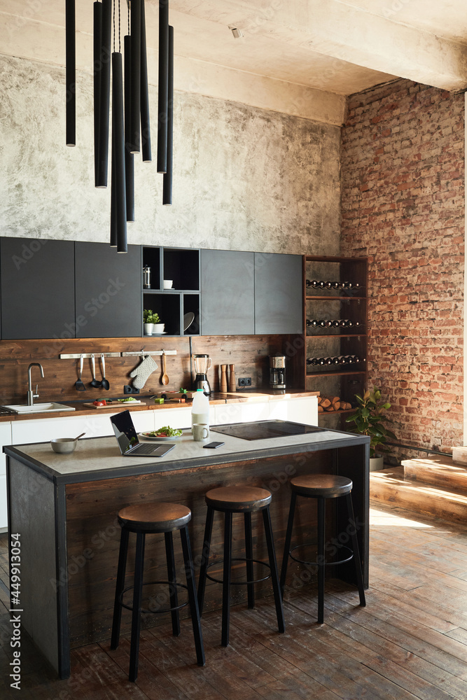 Vertical background image of kitchen interior with loft design elements ...