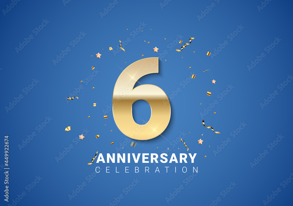 6 anniversary background with golden numbers, confetti, stars on bright ...