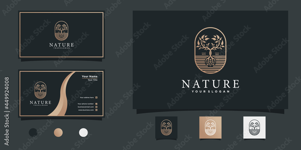 Tree logo with modern unique line concept and business card Premium ...
