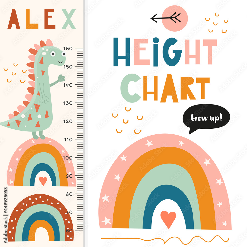 Kids height chart with cute dinosaur and rainbow. Heights for school ...