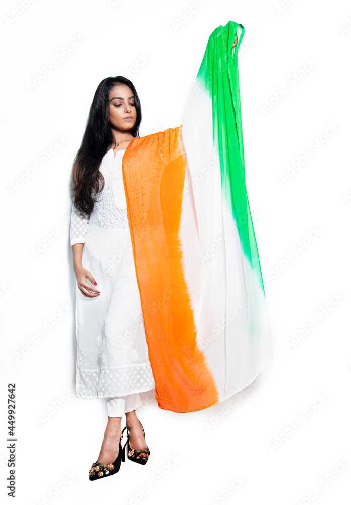 Beautiful Indian Girl in wearing a white dress with Indian National ...