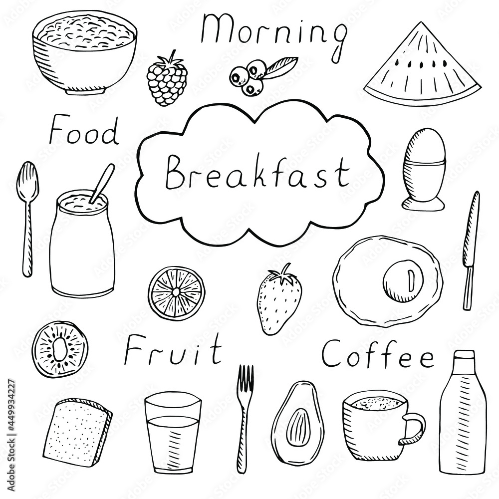 Breakfast set, vector illustration, food hand drawing doodles Stock ...