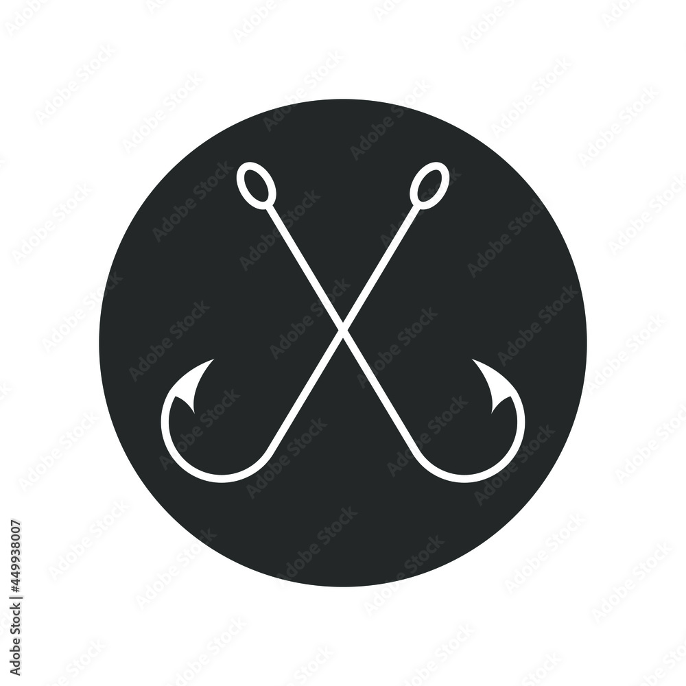 Crossed fish hooks graphic icon. Fishing hooks sign in the circle ...