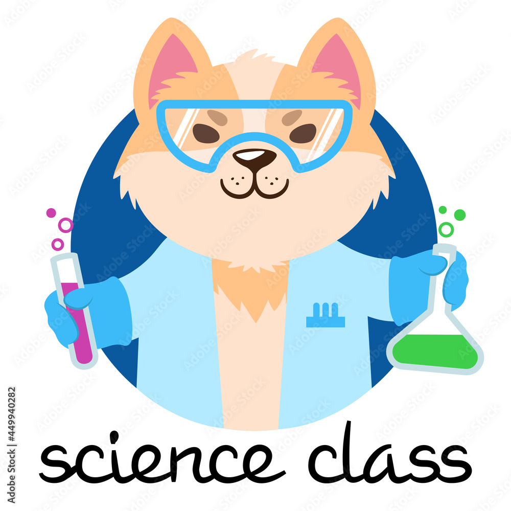 Vector illustration of a cute cartoon Dog in lab coat with test tubes ...