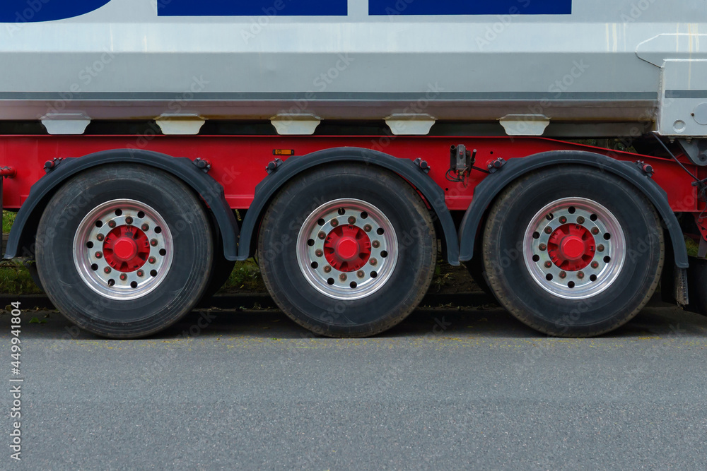Front view on truck wheels and tires on truck chassis. Truck wheel rim ...