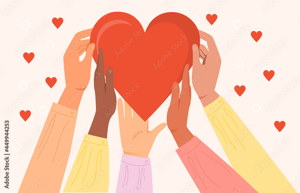 Vetor de Diverse hands holding heart symbol, sharing love, helping ...
