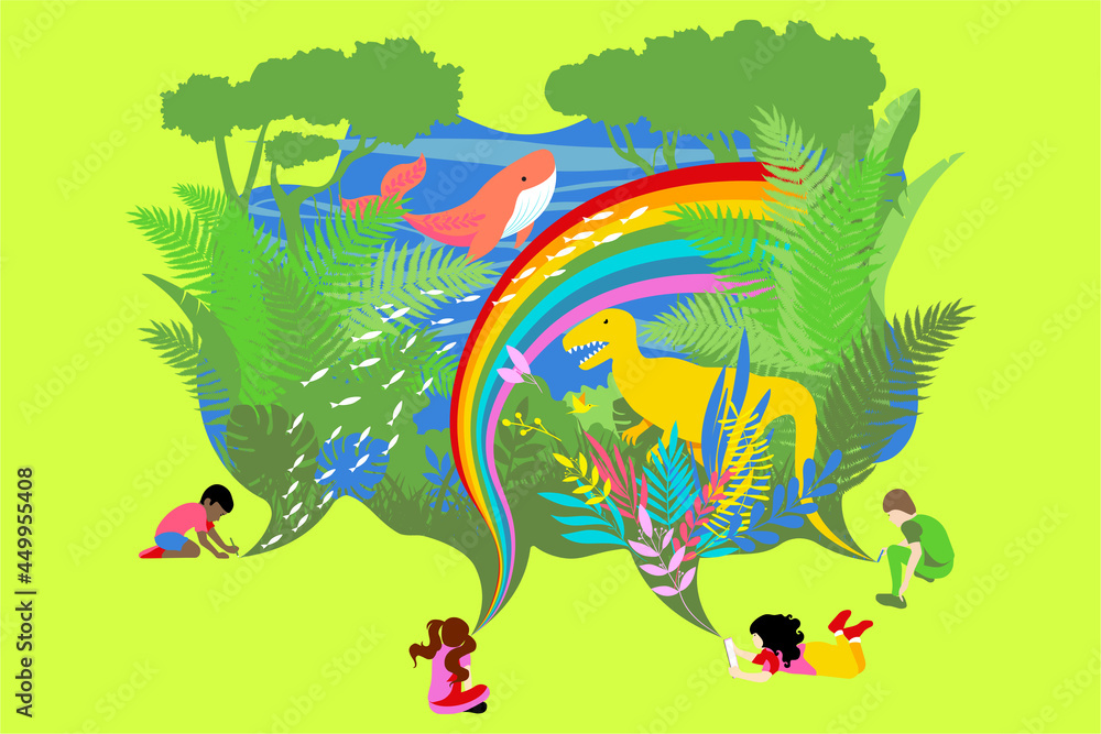 Education in the Future - children drawing a forest with animals and ...