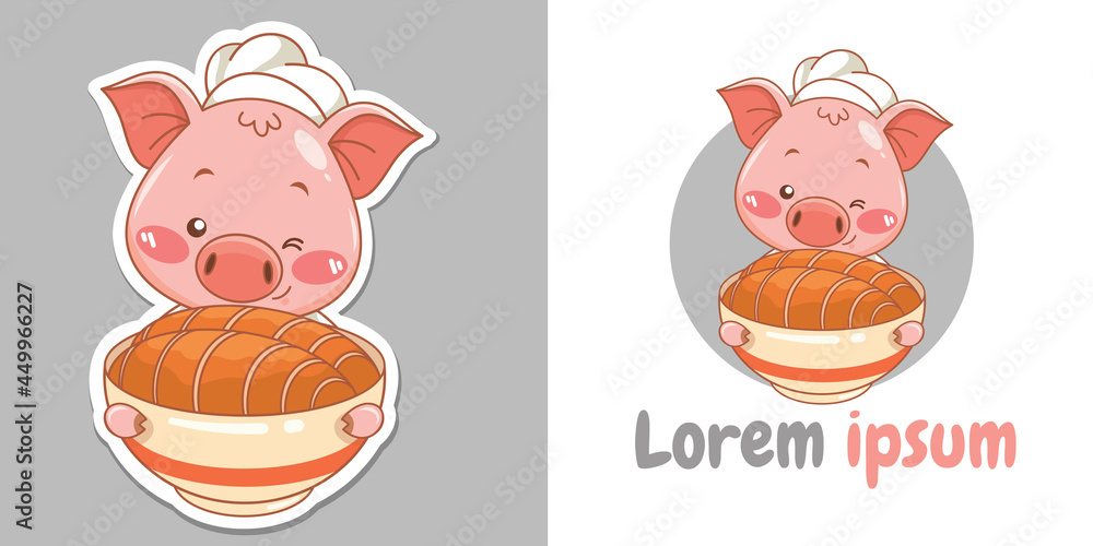 cute chef pig cartoon character presenting Crispy Pork Belly food ...