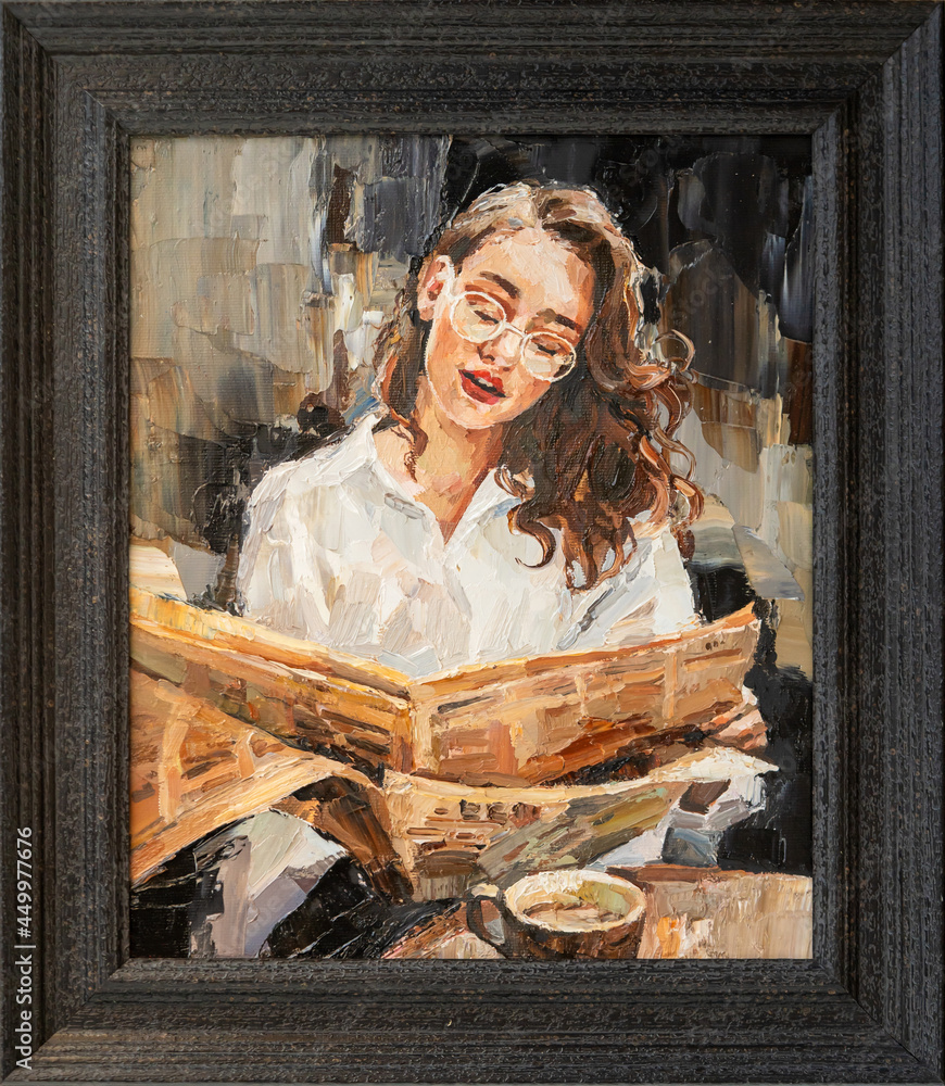 A girl with glasses is reading a newspaper. The woman is resting in a ...