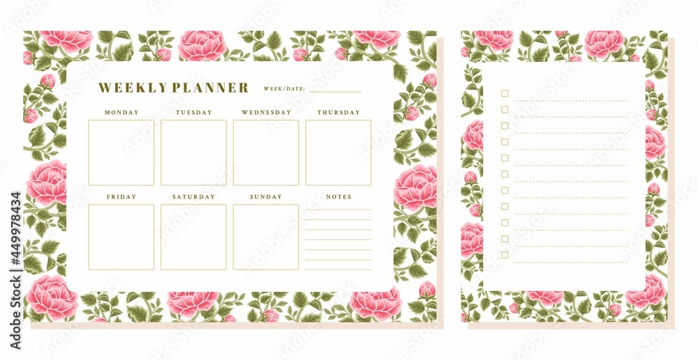 Set of printable floral weekly planner, note, memo vector template with ...