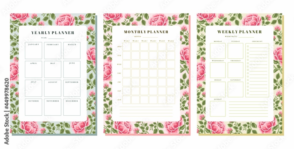 Set of printable floral yearly, monthly and weekly planner vector ...