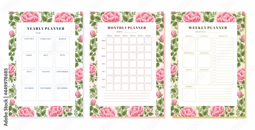 Set of printable floral yearly, monthly and weekly planner vector ...