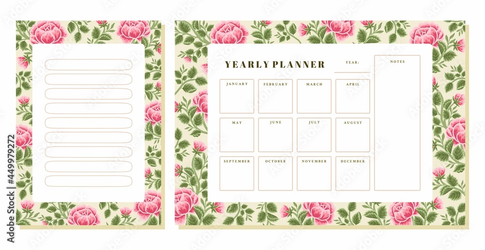 Set of printable floral yearly planner, note, memo vector template with ...
