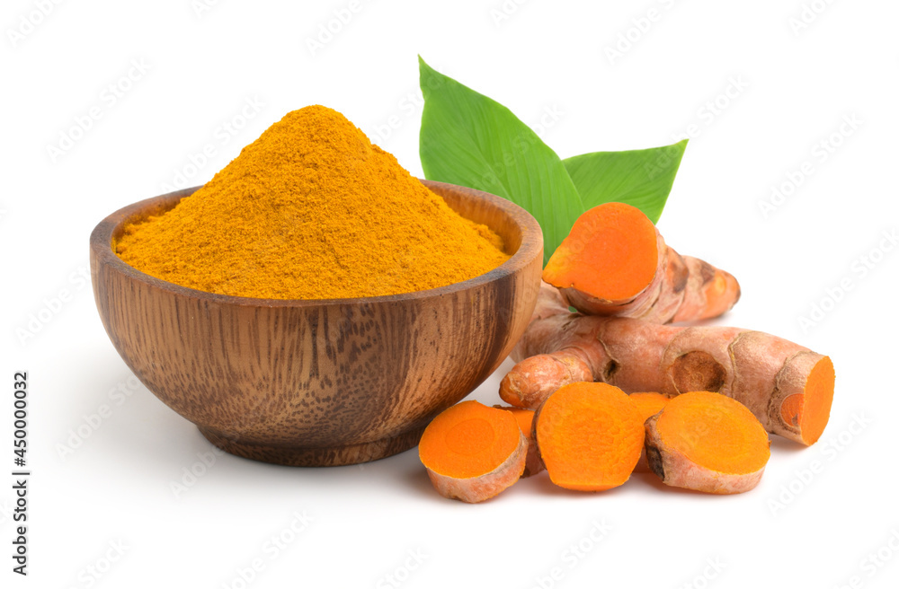 Turmeric (Curcuma longa Linn, curcumin ) powder in the wooden bow and ...