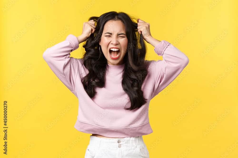 Lifestyle, emotions and advertisement concept. Angry distressed asian ...