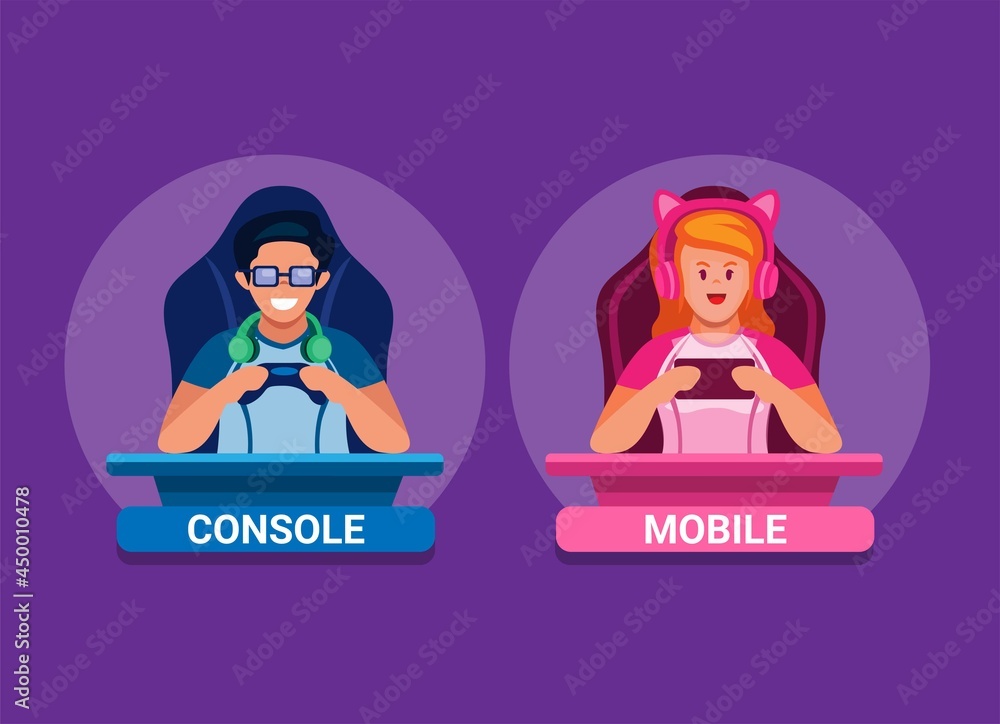 Gamer boy and girl character set. console and mobile gaming symbol ...