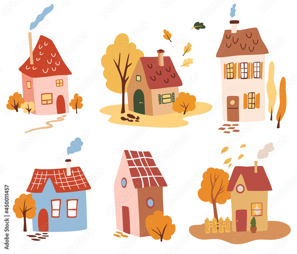 Set of cartoon houses. Cartoon cottage of different colors with trees ...